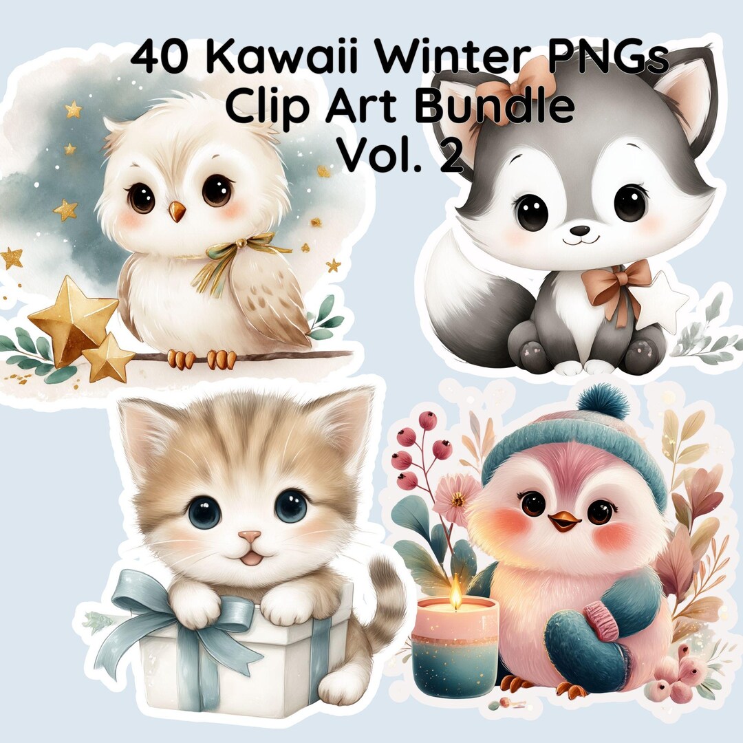 Kawaii Winter Clipart Bundle Vol. 2 – 40 Adorable Pngs | Cozy Animals ...
