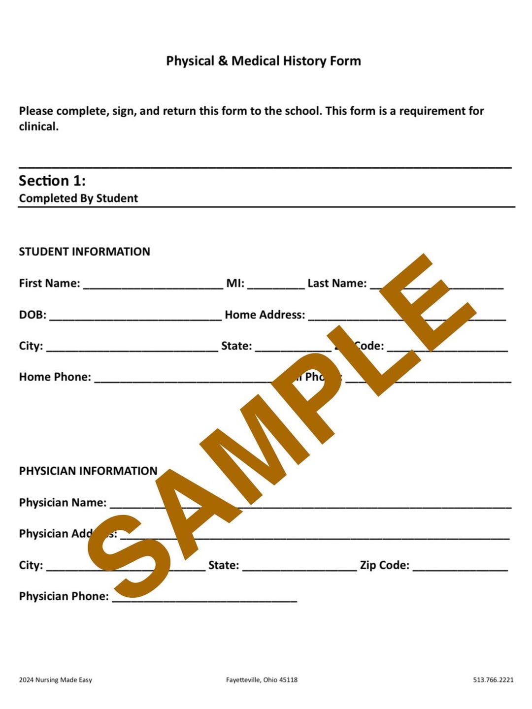 Physical & Medical History Form for the Nursing Student/cna - Etsy