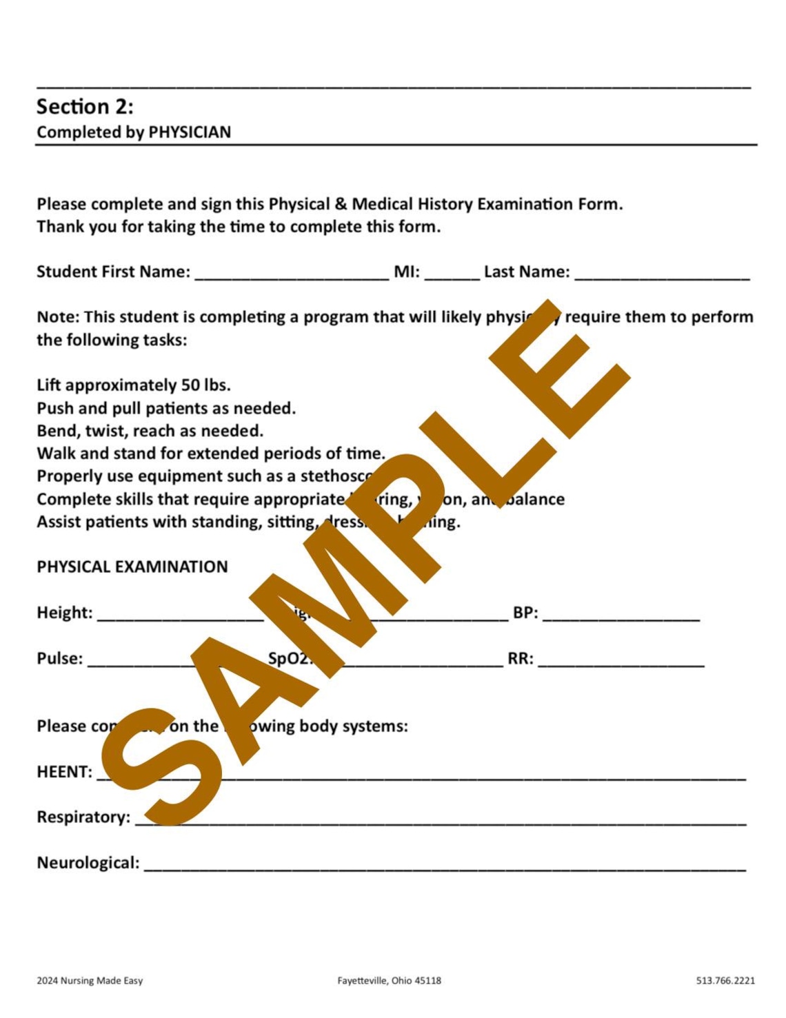 Physical & Medical History Form for the Nursing Student/cna - Etsy