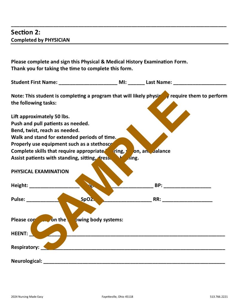 Physical & Medical History Form for the Nursing Student/cna - Etsy