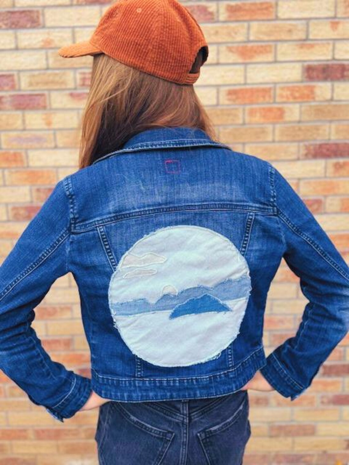 Denim Jacket, Jean Jacket, Upcycled Jacket Applique Mountain Landscape ...