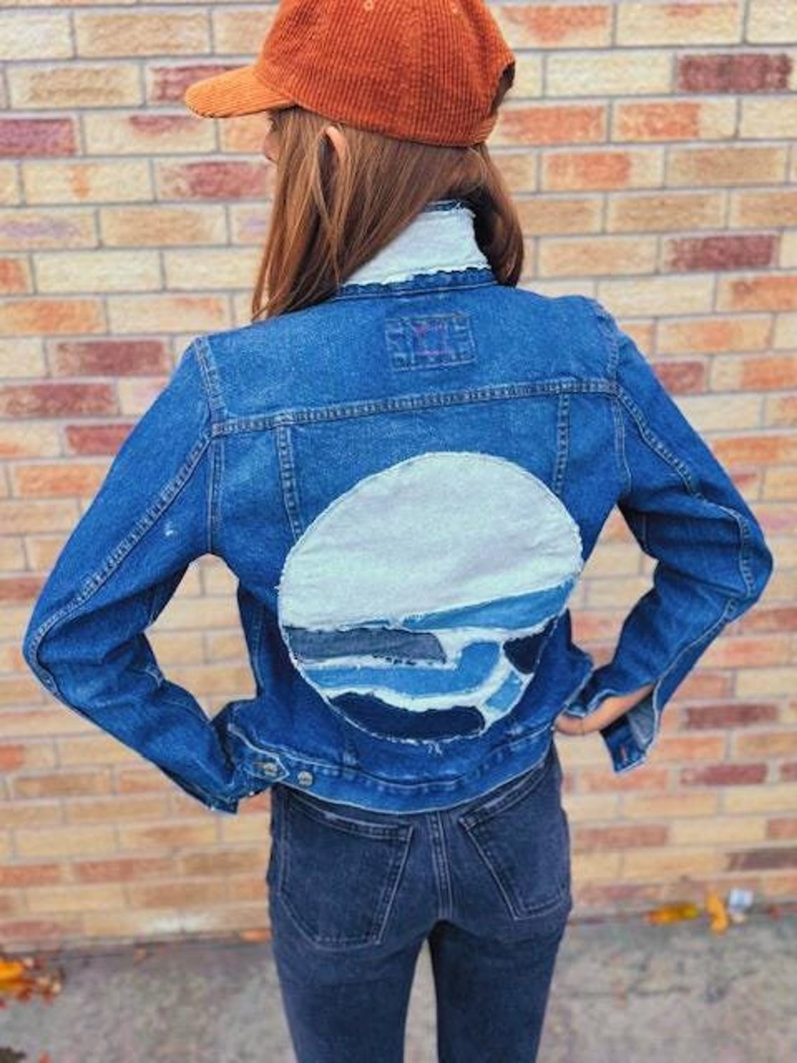 Denim Jacket, Jean Jacket, Upcycled Jacket Applique Ocean, Abstract ...