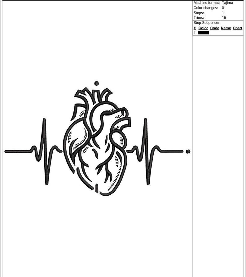 Heartbeat Embroidery Design 4 Sizes, Anatomical Heart With ECG Line ...