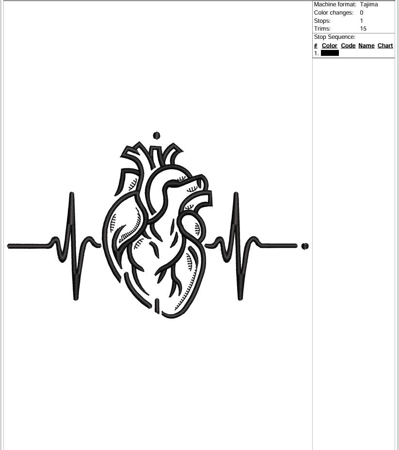Heartbeat Embroidery Design 4 Sizes, Anatomical Heart With ECG Line Machine Embroidery File ...