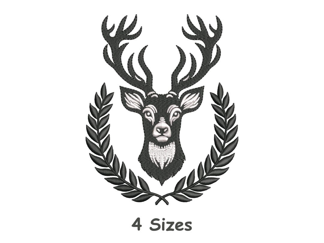 Deer Head Embroidery Design: Antlers & Laurel Wreath (4 Sizes, Digital ...