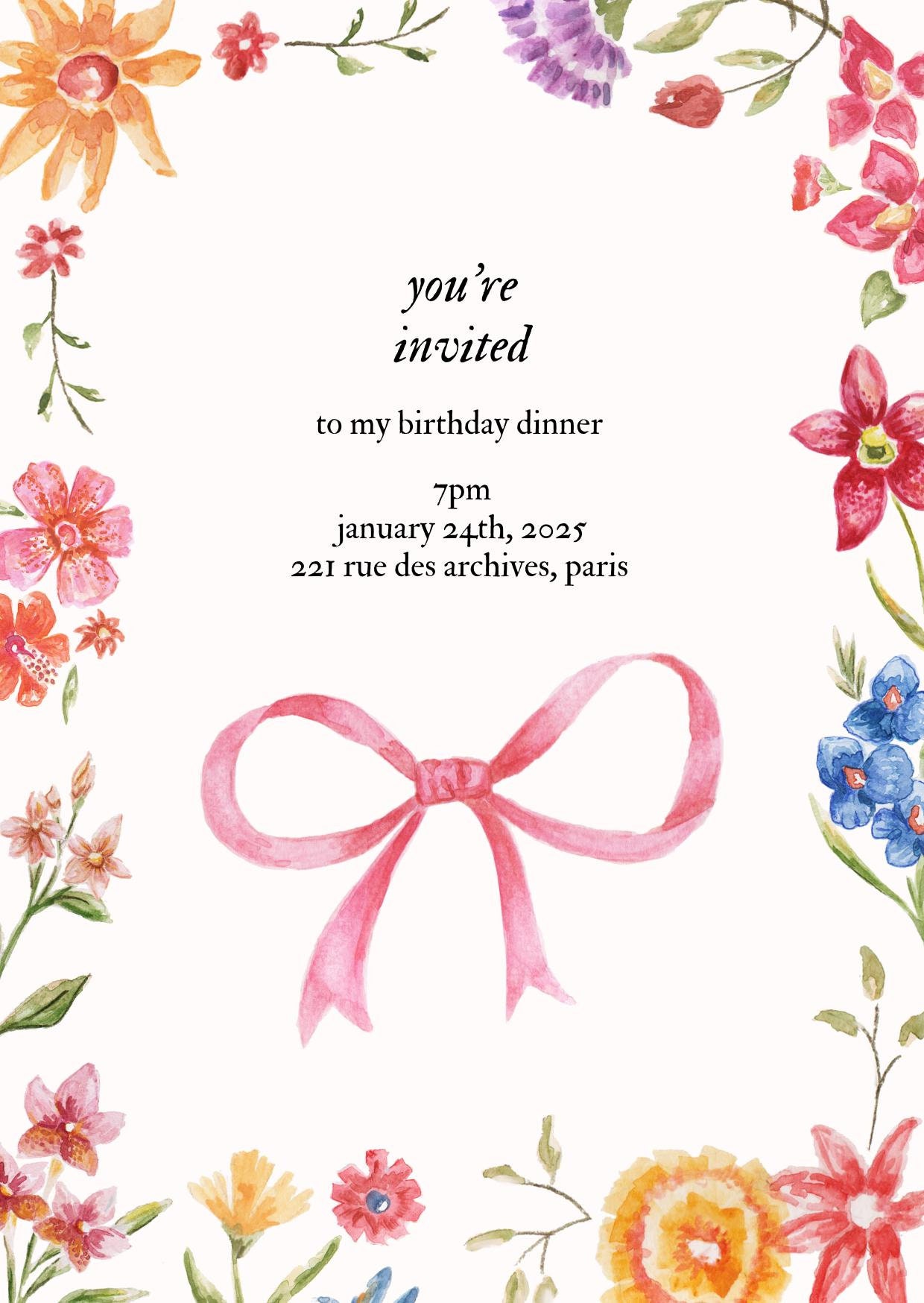 Custom Flowers-themed Birthday Invitation With a Cute Pink Bow - Etsy