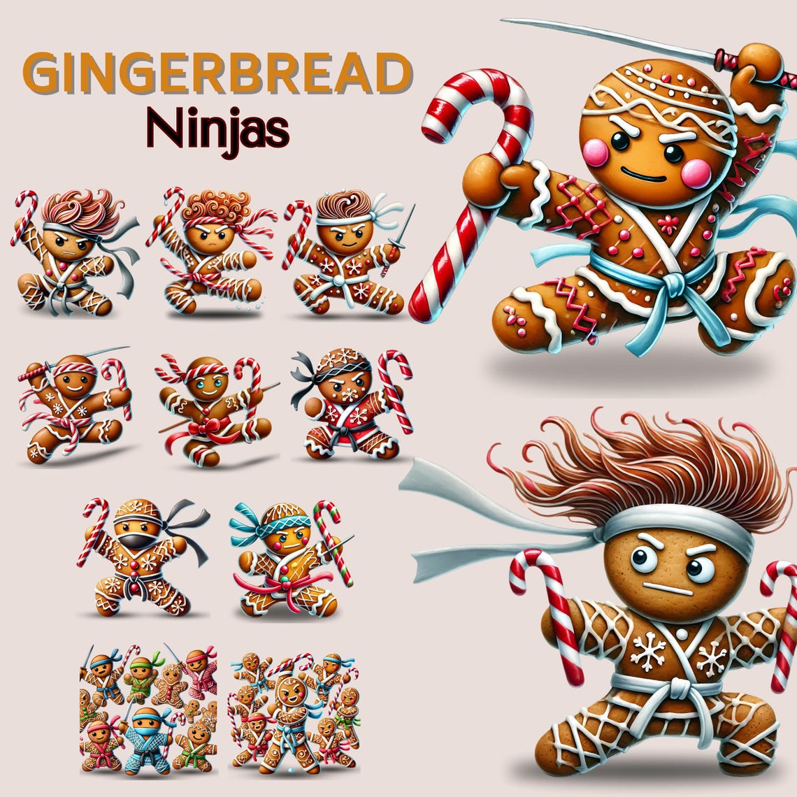 12 Gingerbread Man Clipart Set, Ninja Gingerbread Man, Christmas ...