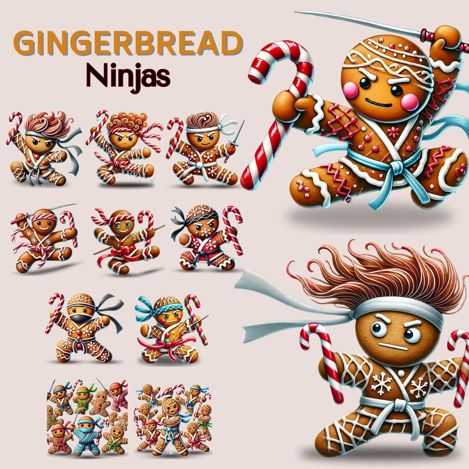 12 Gingerbread Man Clipart Set, Ninja Gingerbread Man, Christmas ...