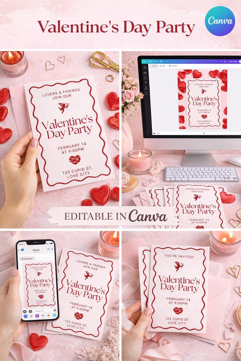 Valentine’s Day Party Invitation Template | Editable Canva Valentine ...