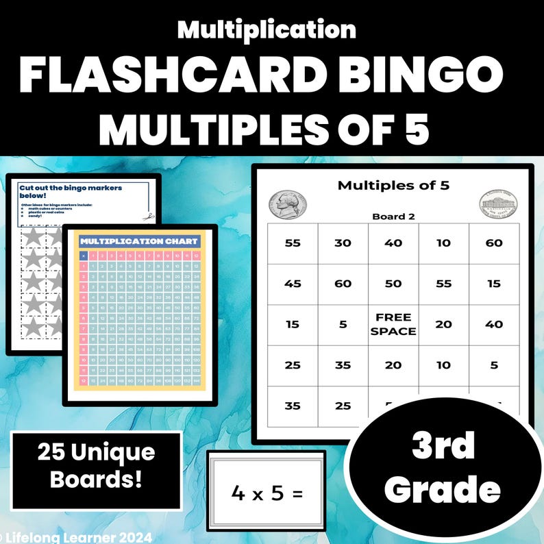 3rd Grade Math Printable Multiplication X5 Flash Card Bingo Game Times ...