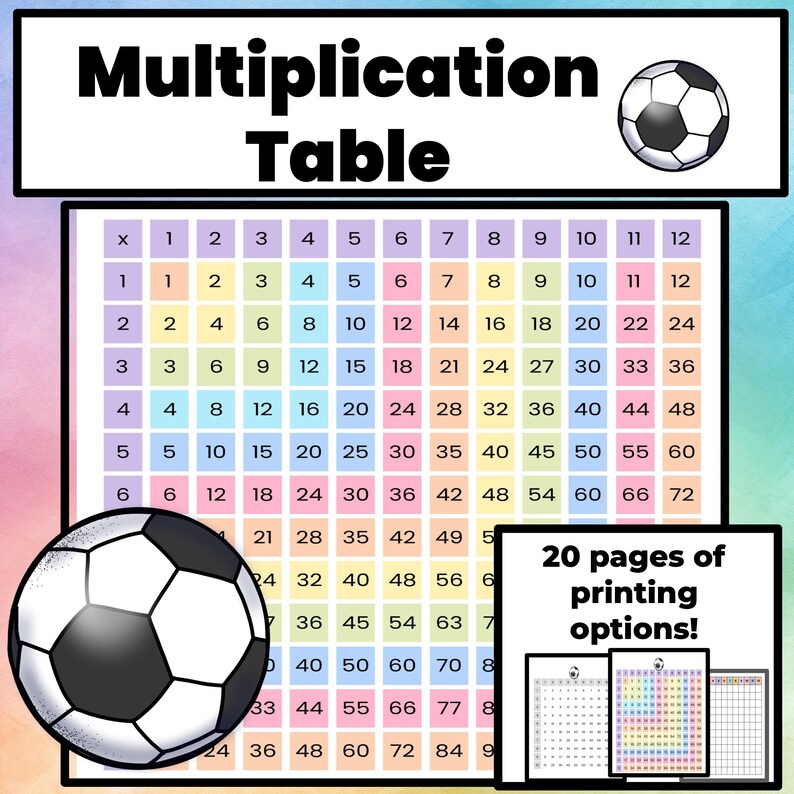 Multiplication Chart Times Table Pastel Soccer NO PREP Printable ...