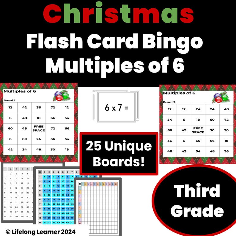 3rd Grade Christmas Math Printable Multiplication Flash Card Bingo Game ...