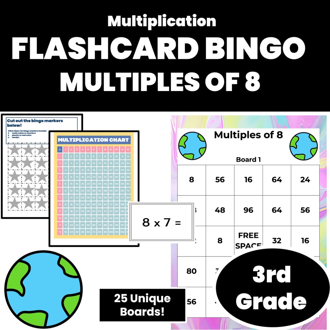 3rd Grade Math Printable Multiplication X8 Flash Card Bingo Game Times ...