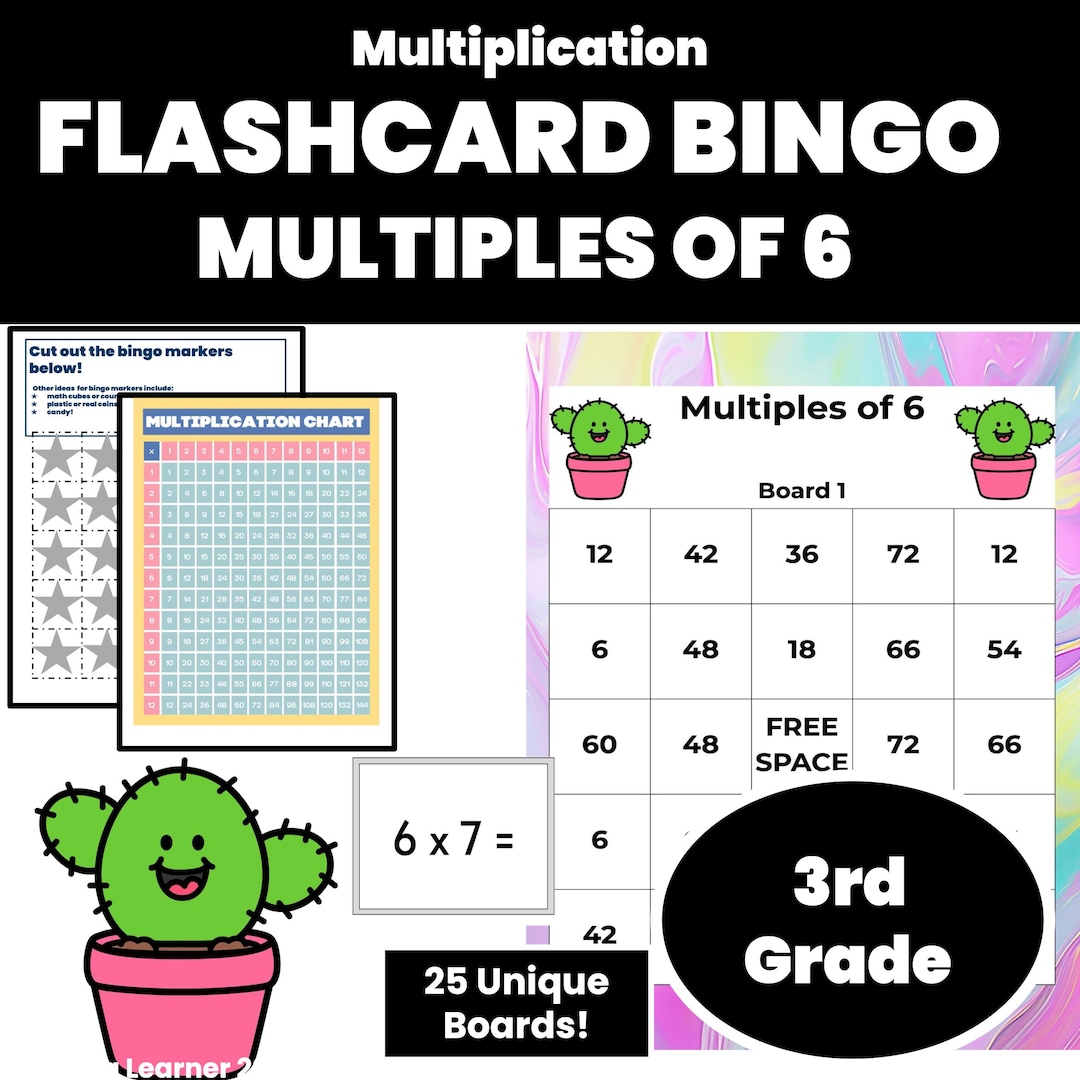 3rd Grade Math Printable Multiplication X6 Flash Card Bingo Game Times ...