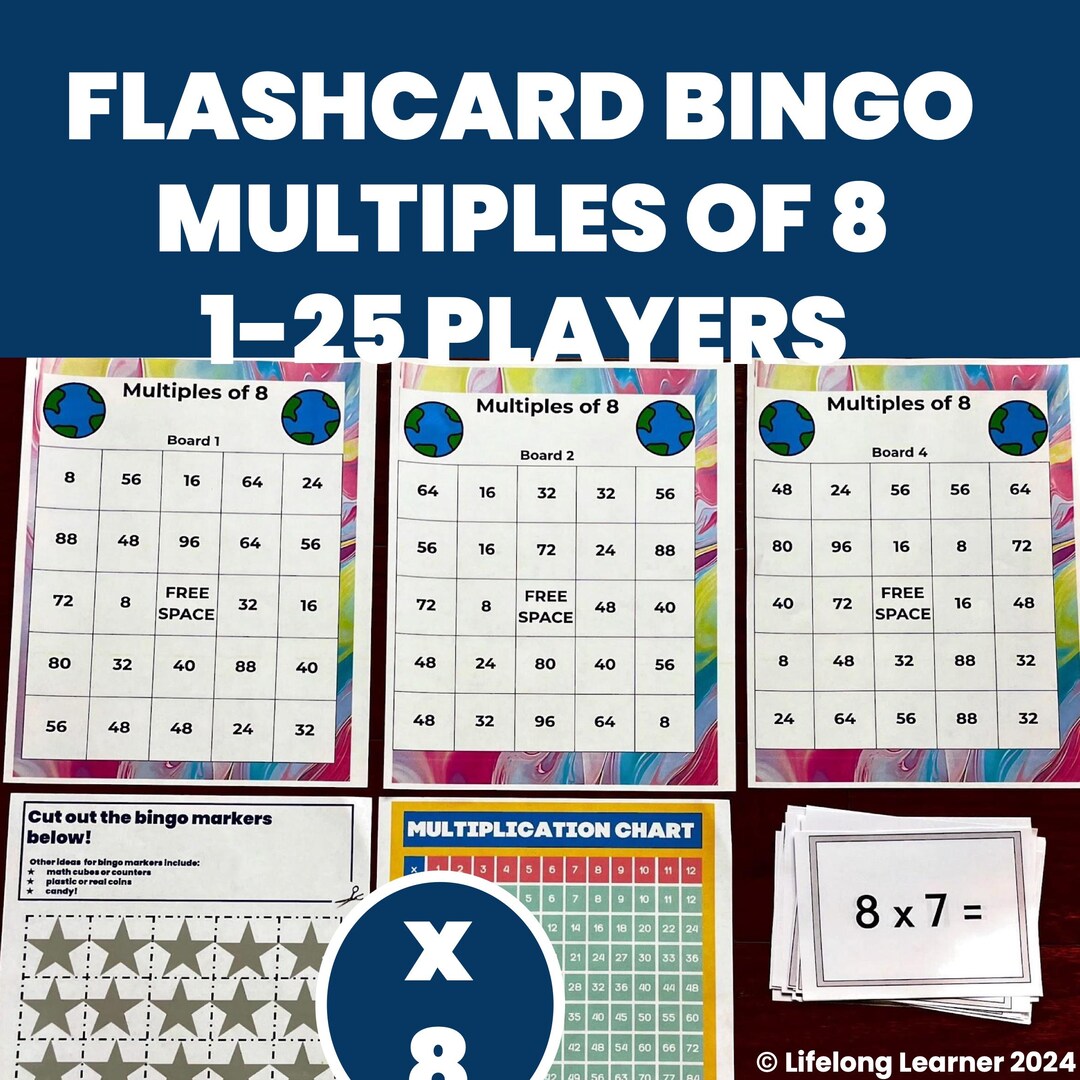 NO PREP Multiplication Flash Cards Bingo Printable Game X8 Times Table ...