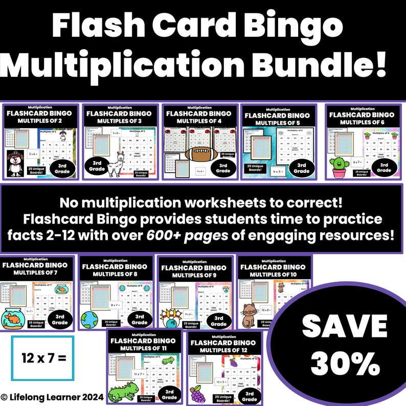 3rd Grade Math Printable Multiplication X8 Flash Card Bingo Game Times ...