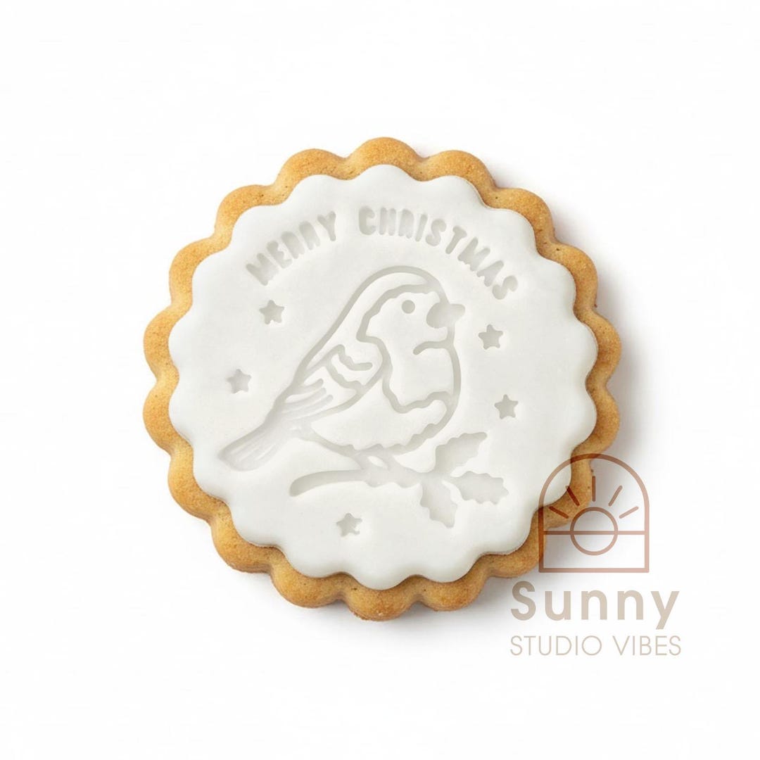 Merry Christmas Red Robin Bird on Holly Branch Stars Stamp: Fondant ...