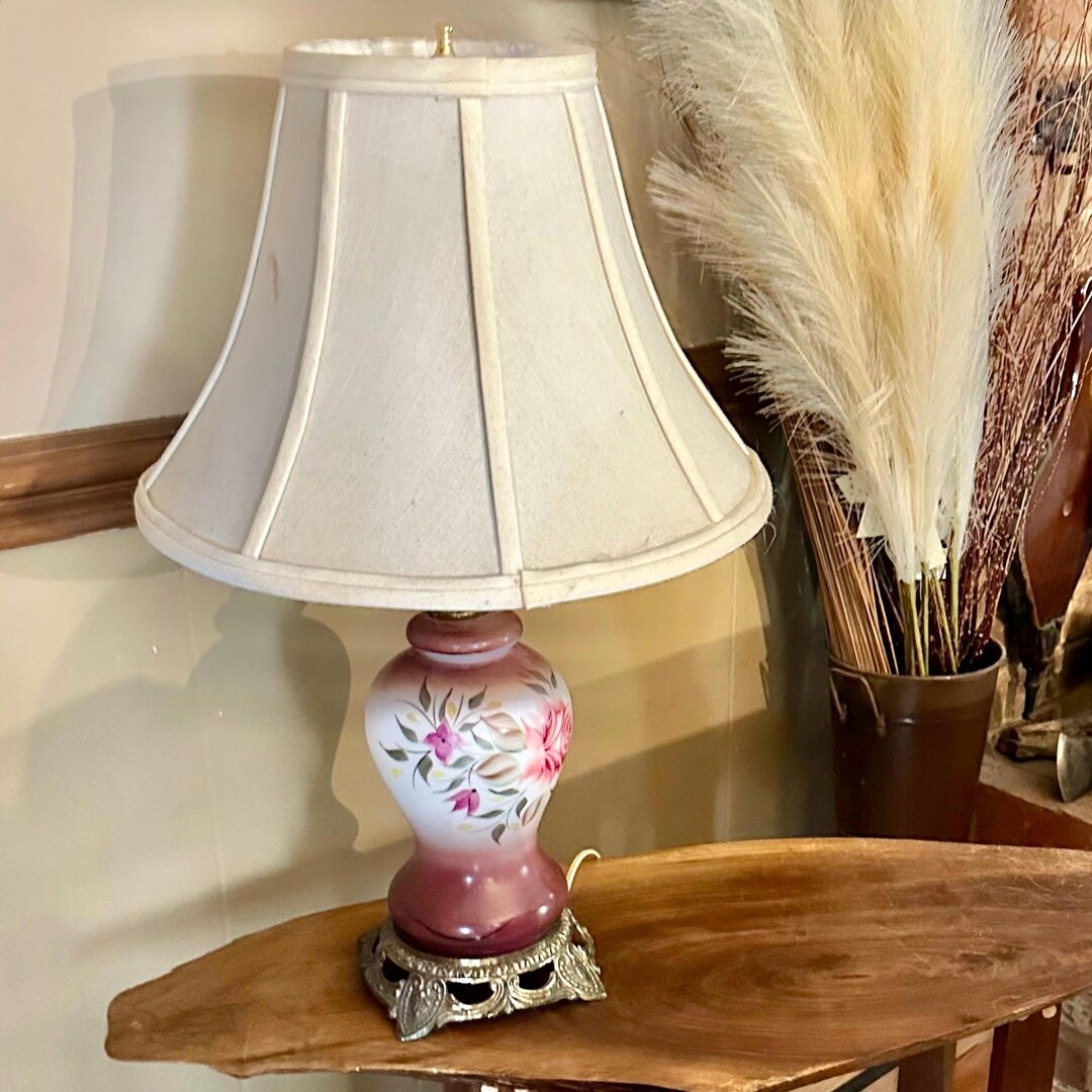 Vintage Table Lamp, Hand Painted Floral Ceramic Lamp, Brass Base ...