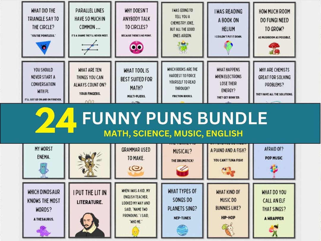 24 Funny Puns Classroom Poster Bundle, Math, Music, English, Science ...