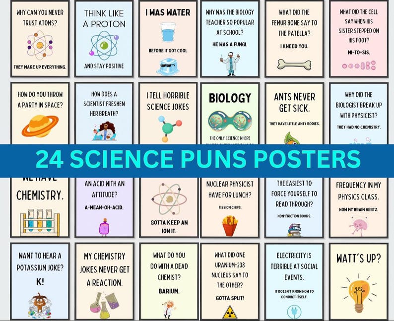 24 Funny Puns Science Posters, Classroom Posters, Science Classroom ...
