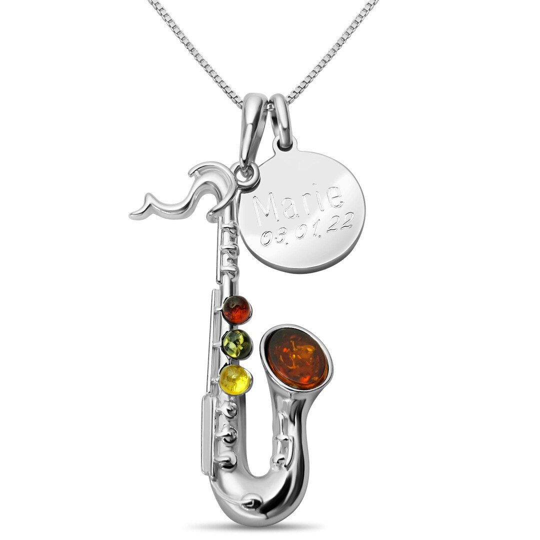 Saxophone Necklace Silver 925 With Amber & Engraving, Personalized ...
