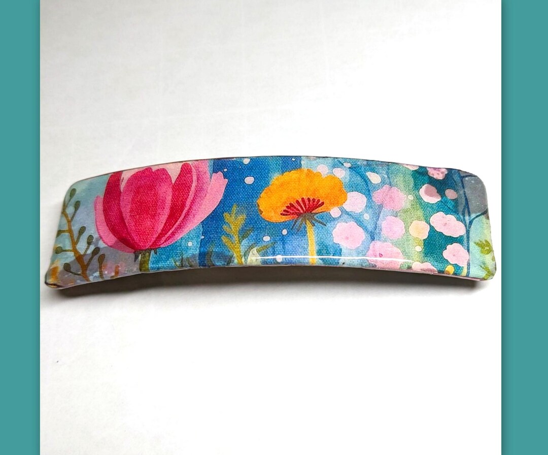 Extra Large French Hair Barrette Clip Floral Nature Garden Thick Blue ...