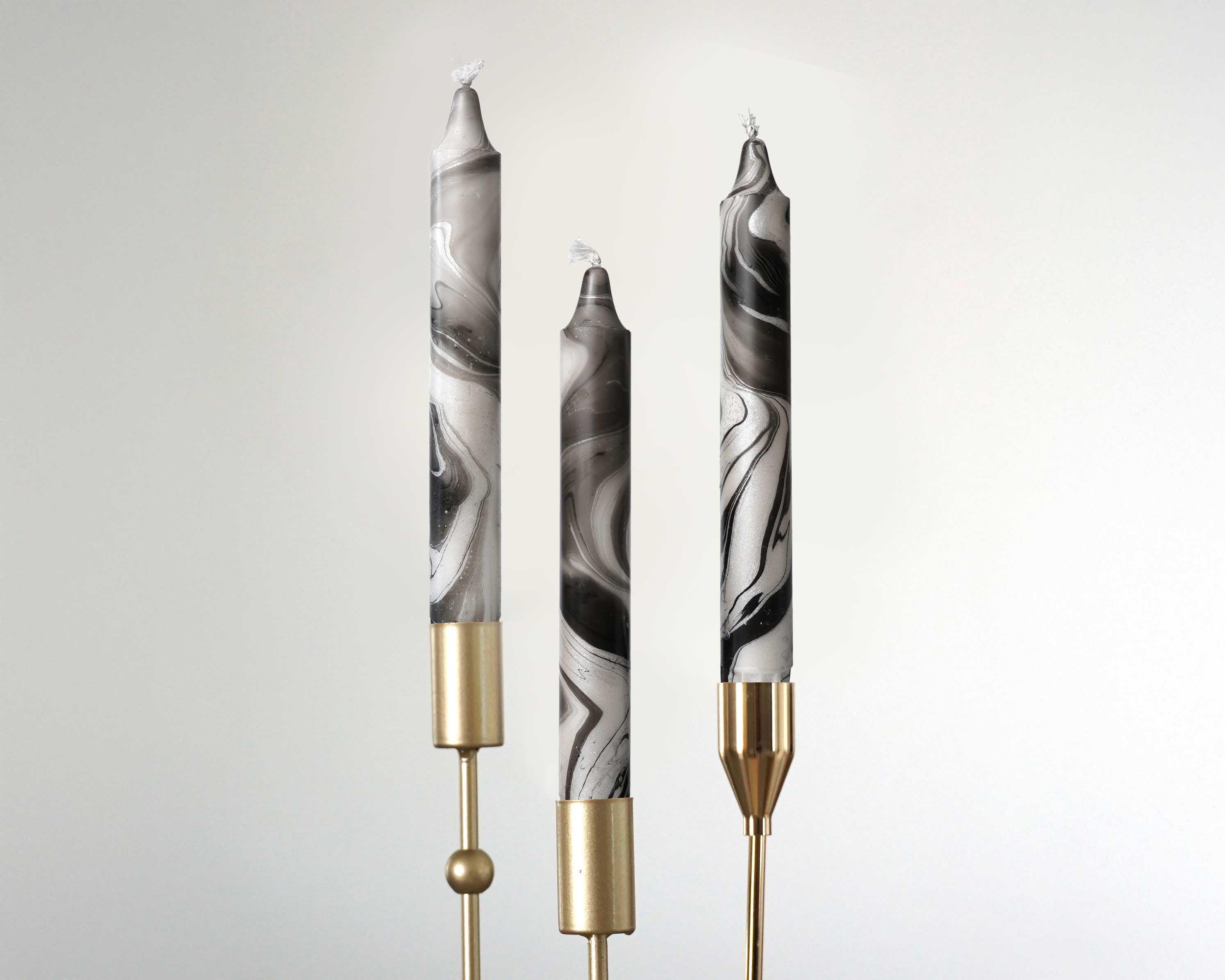 Black Silver Marble Candles Pack of 3 Luxury Dinner Candles, Dripless ...