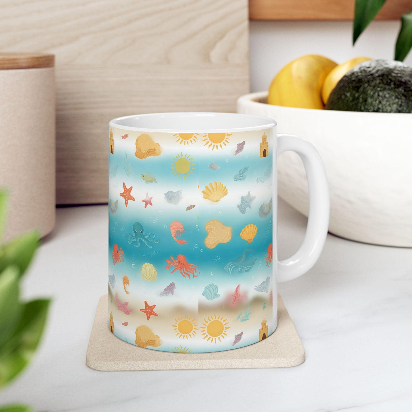 Ocean Sea Creature Ceramic Mug, Beach Theme Coffee Cup, Underwater ...