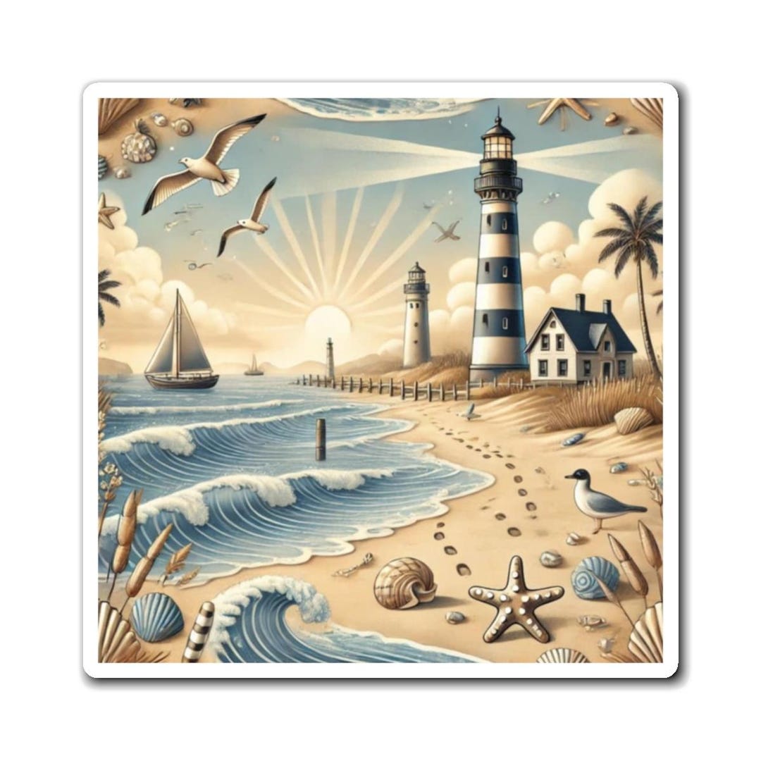 Magnets - Coastal Lighthouse Beach Scene, Fridge Magnets, Nautical ...