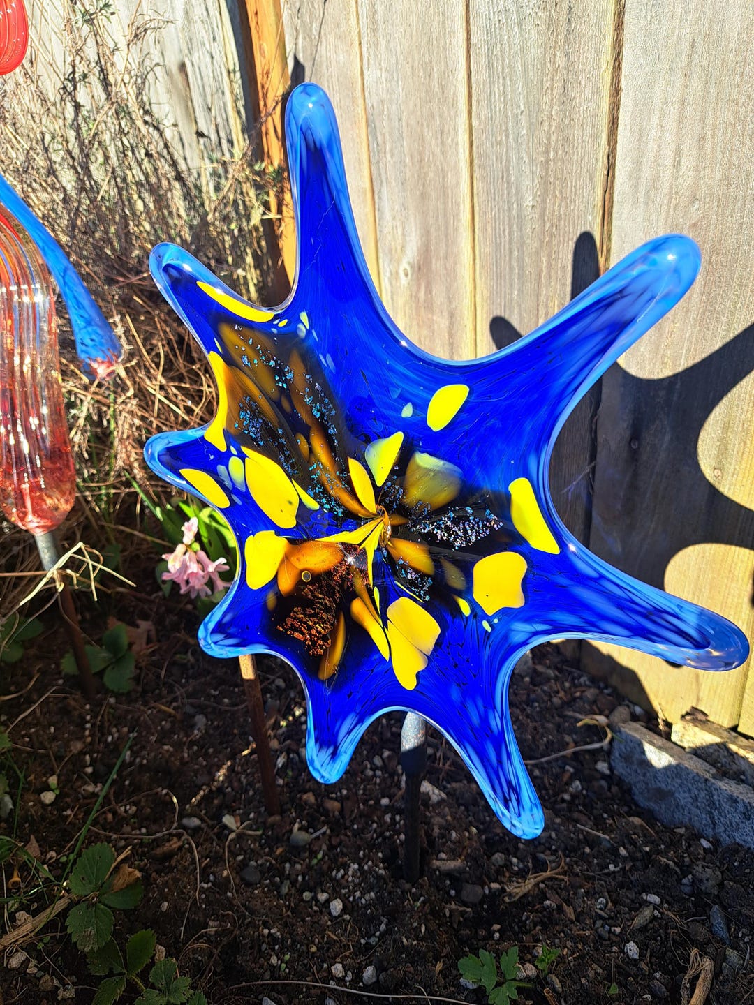 Hand Blown Glass Cobalt Blue Star Flower Yellow Accent. Garden Art for ...