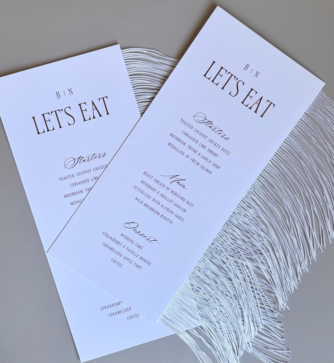 Custom Fringe Wedding Menus | Elegant Reception Menu Cards With Tassel ...