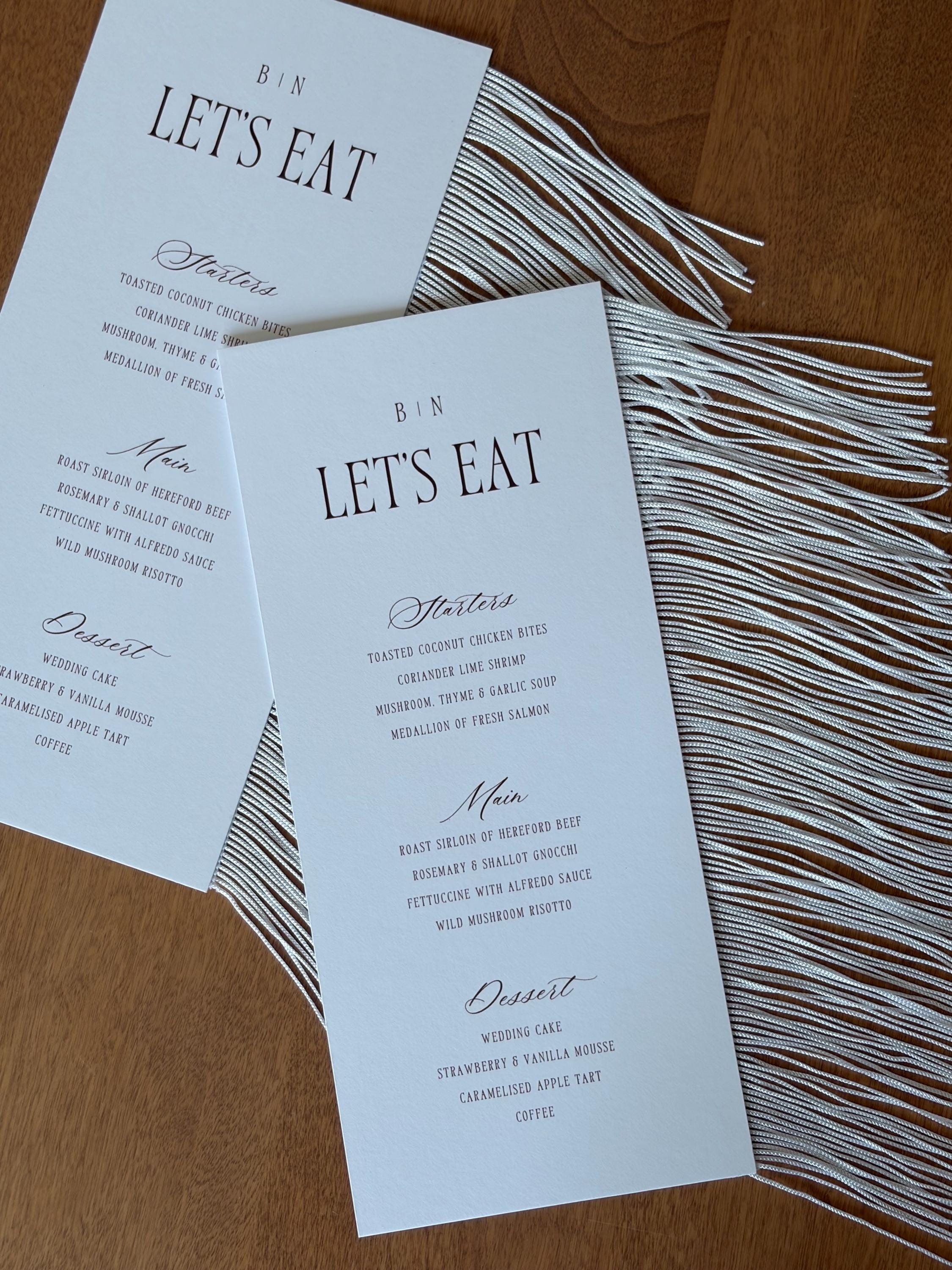 Custom Fringe Wedding Menus | Elegant Reception Menu Cards With Tassel ...