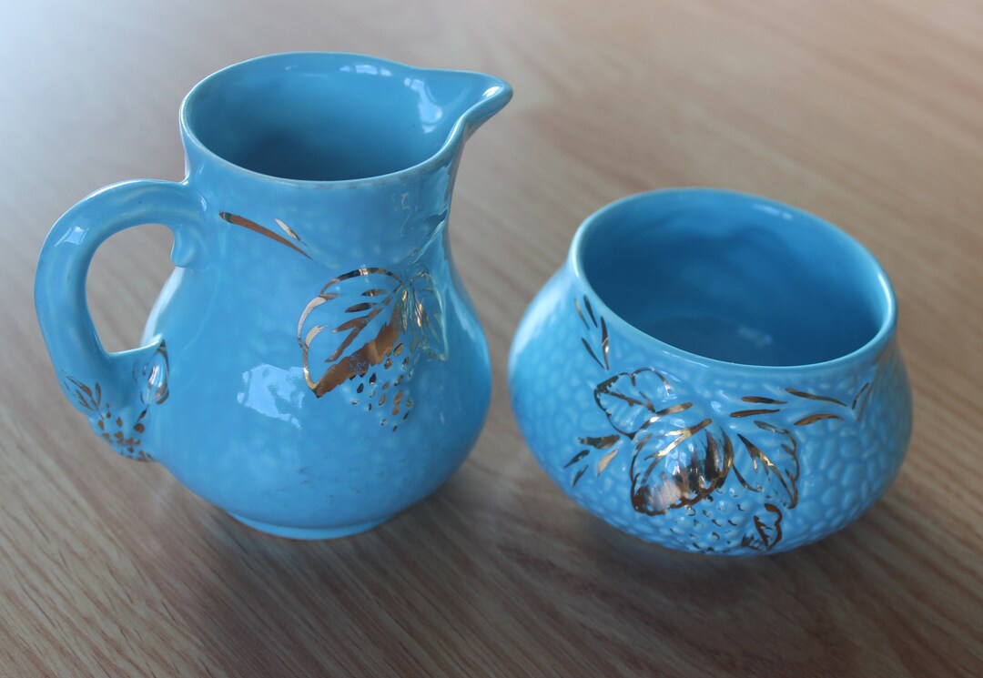 WADE Art Deco Creamer and Sugar Bowl Golden Turquoise Bramble Ware ...