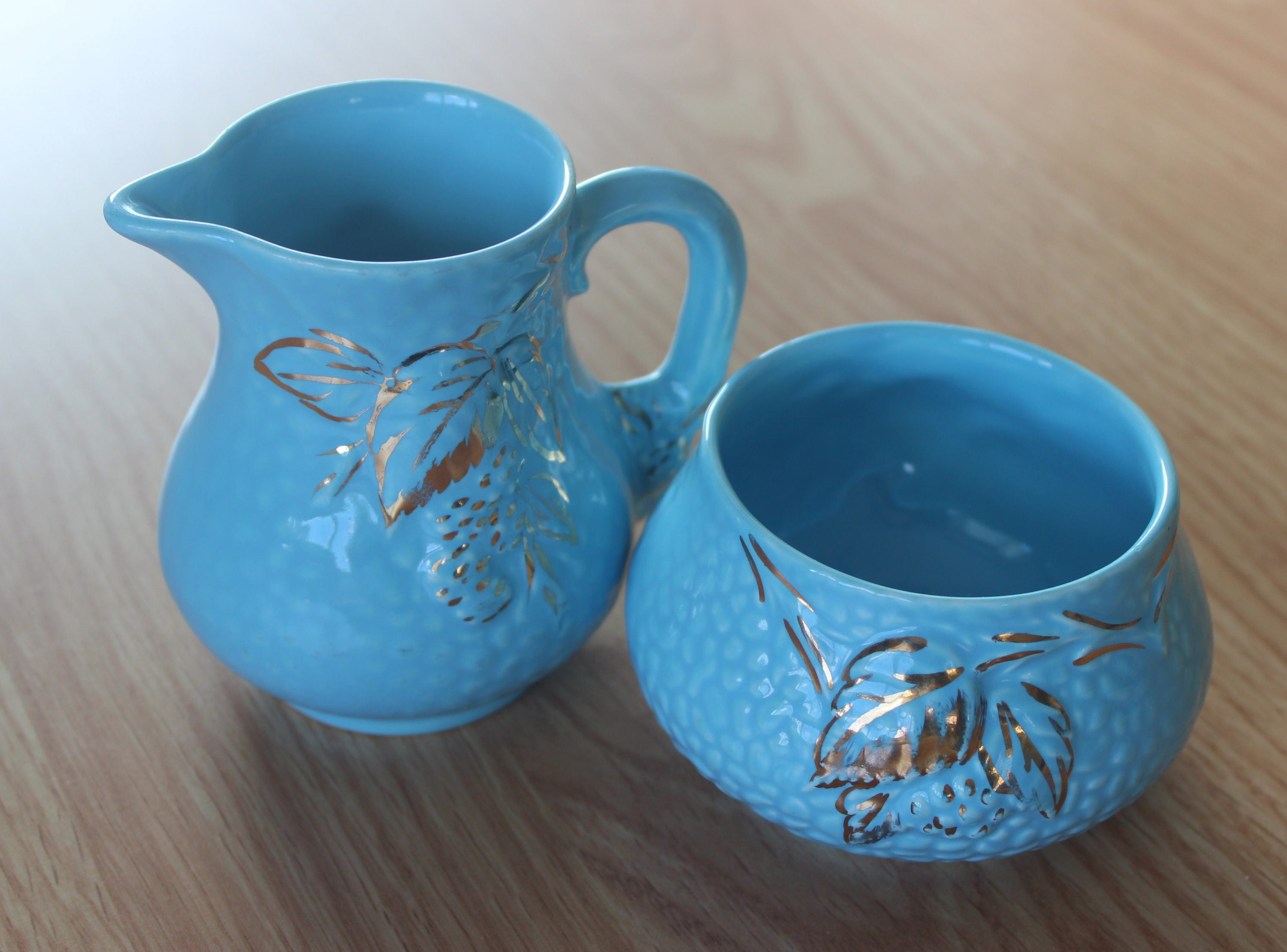 WADE Art Deco Creamer and Sugar Bowl Golden Turquoise Bramble Ware ...