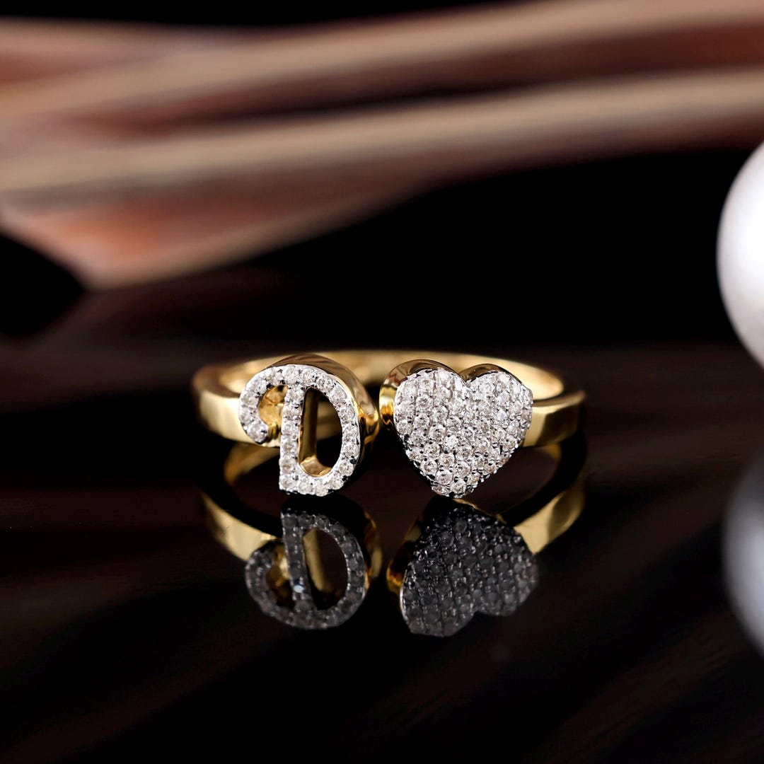 Heart Initial Letter Ring | 0.18 Carat Diamond Ring | Solid Gold Heart ...