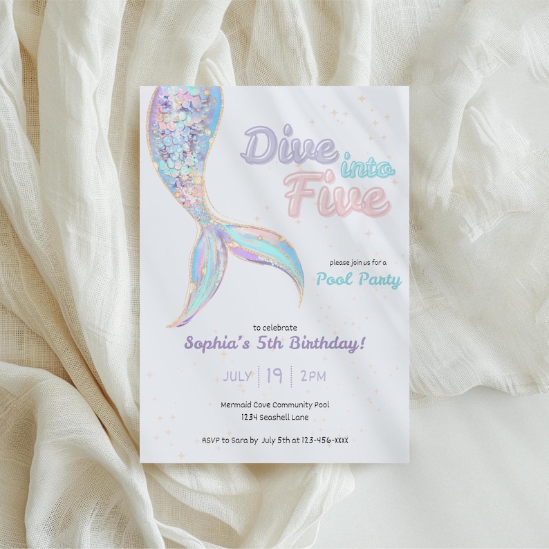 Mermaid Pool Party Birthday Invitation Template | Printable Blue Gold ...