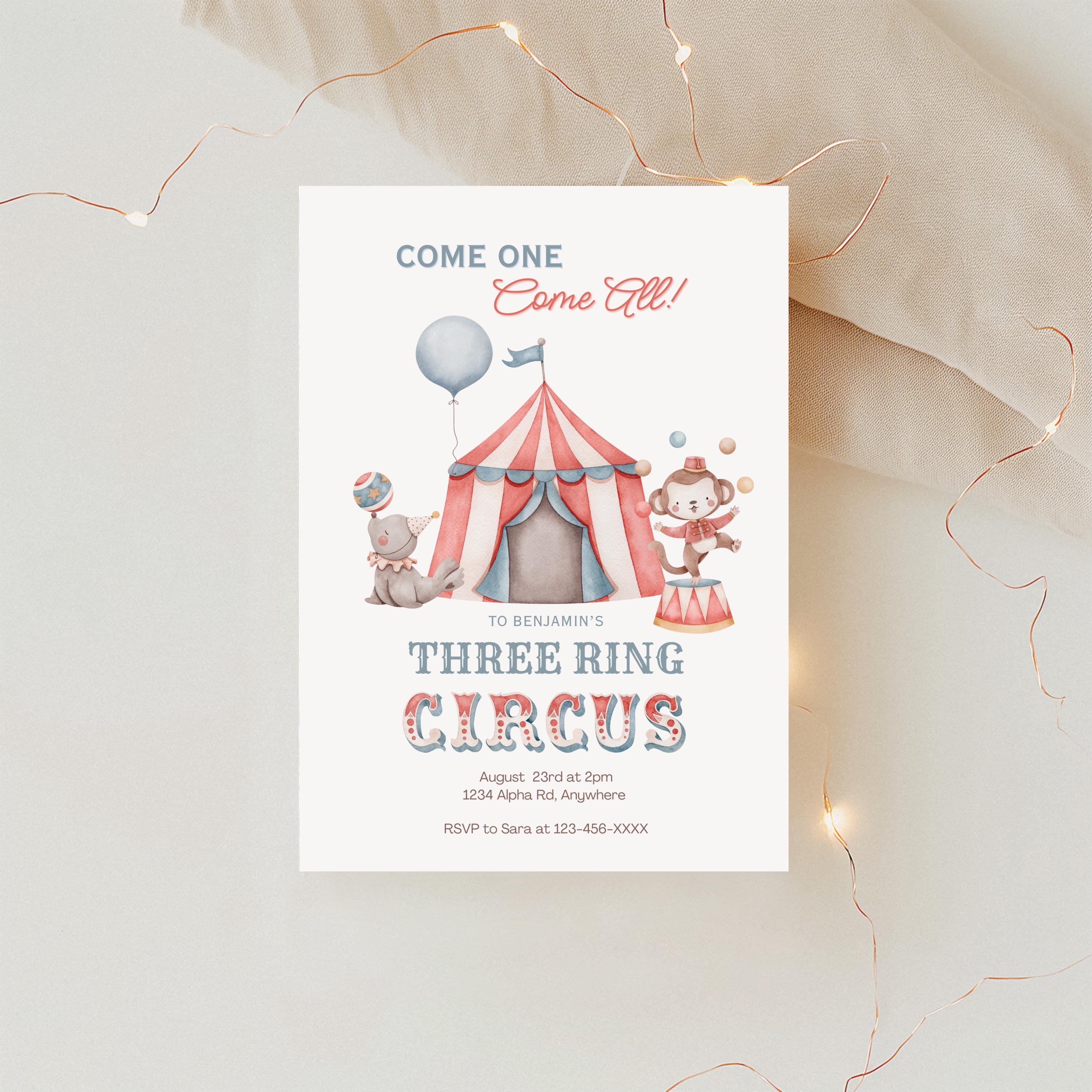 Three Ring Circus 3rd Birthday Invitation Template | Circus Carnival ...