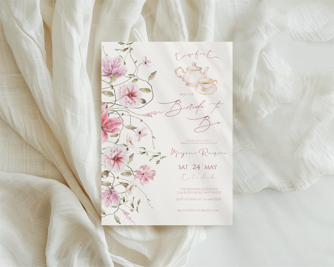 Time for Tea Bridal Shower Invitation | Elegant Pink Blush Floral High ...