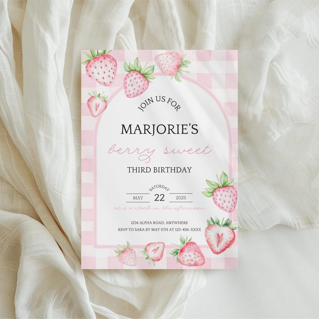 Berry Sweet Birthday Invitation Template | Pink Gingham Strawberry ...