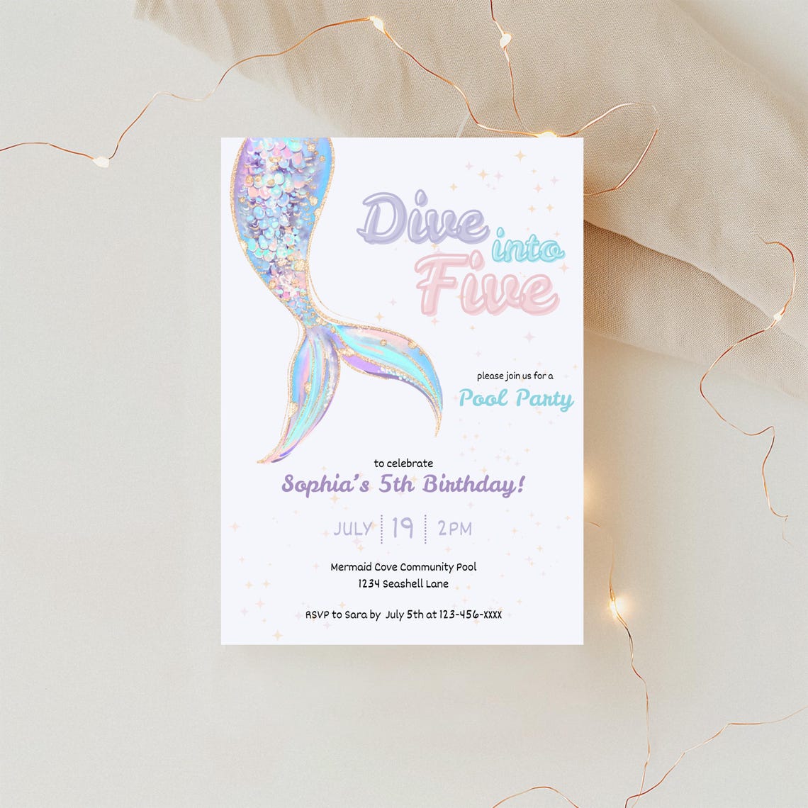 Mermaid Pool Party Birthday Invitation Template | Printable Blue Gold ...