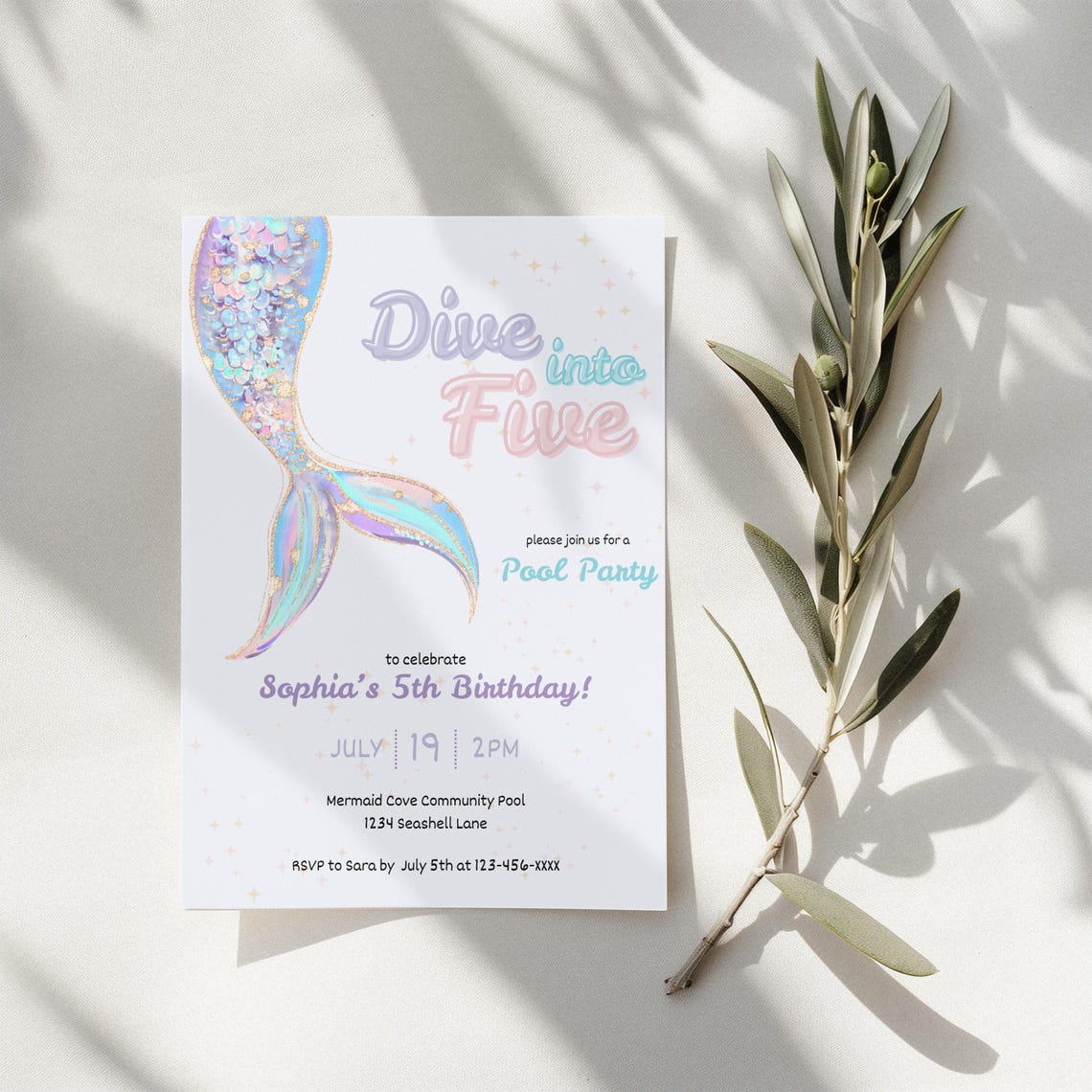 Mermaid Pool Party Birthday Invitation Template | Printable Blue Gold ...