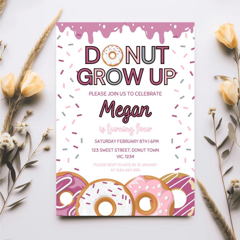 Donut Grow up Birthday Invitation Editable Canva Template Instant ...