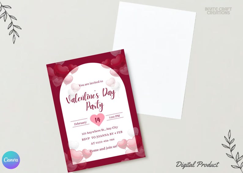 Elegant Valentines Day Party Invitation 5x7 Digital Invitation Editable ...