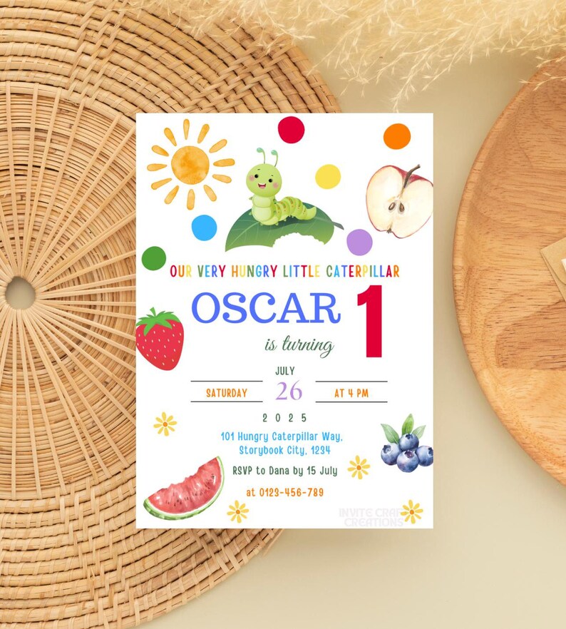 Editable Very Hungry Caterpillar Digital Birthday Invitation Template ...