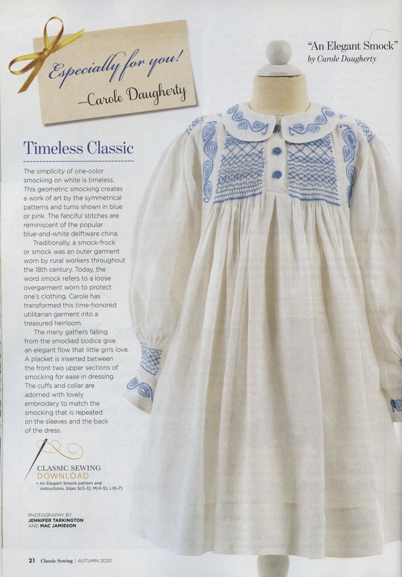 Girl's Traditional Smocked Dress Pattern as Published in CLASSIC SEWING ...