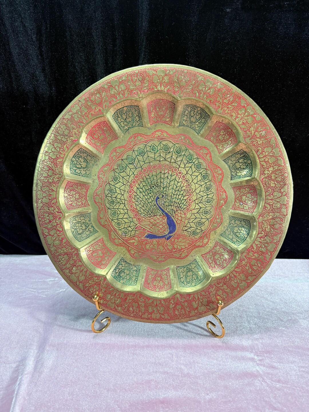 Vintage Indian Brass Peacock Plate With Enamel Inlay and Scalloped ...