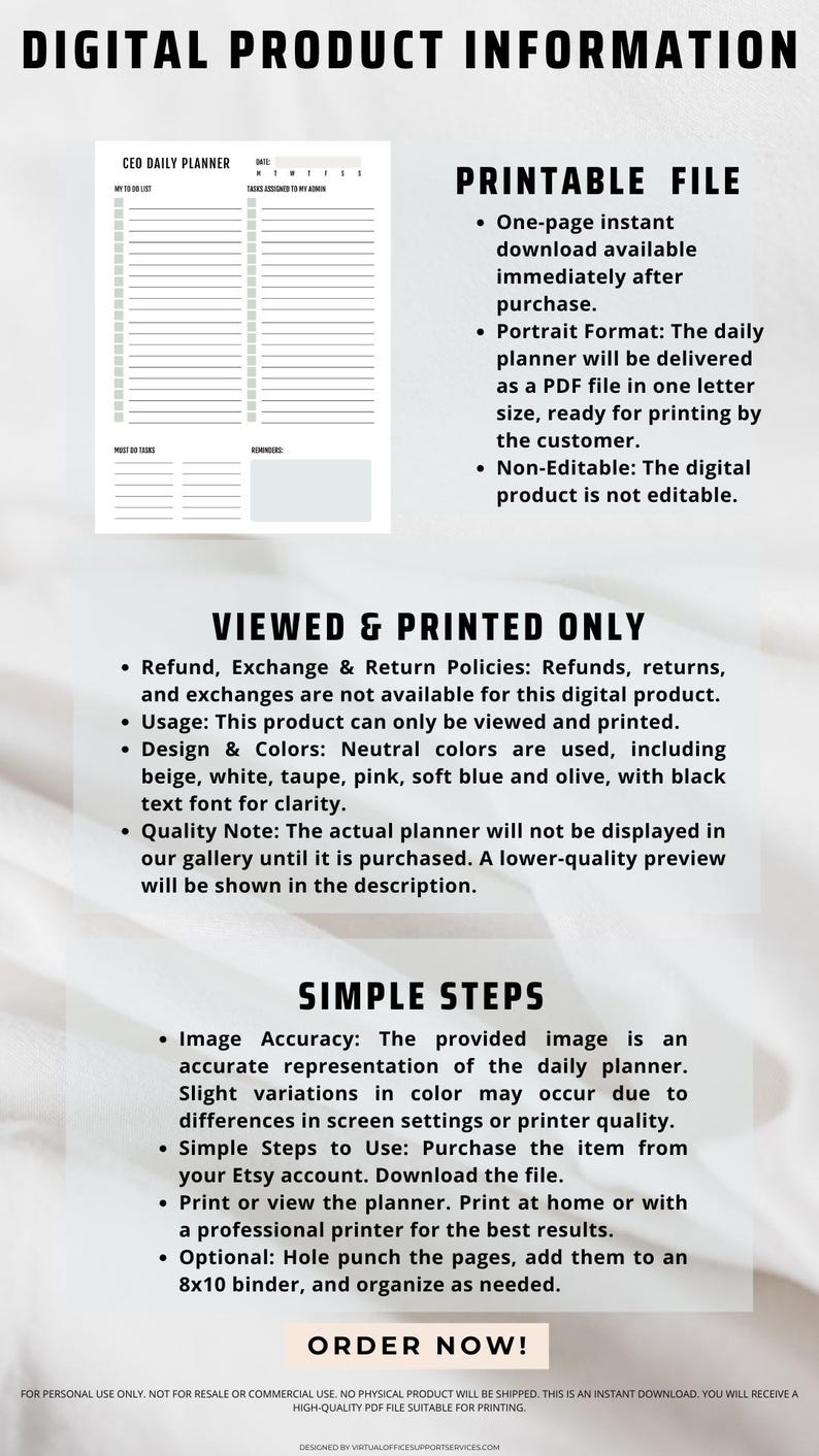 Printable Digital Daily Planner PDF | 1-page CEO & Assistant Tasks ...