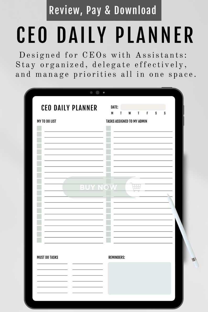 Printable Digital Daily Planner PDF | 1-page CEO & Assistant Tasks ...