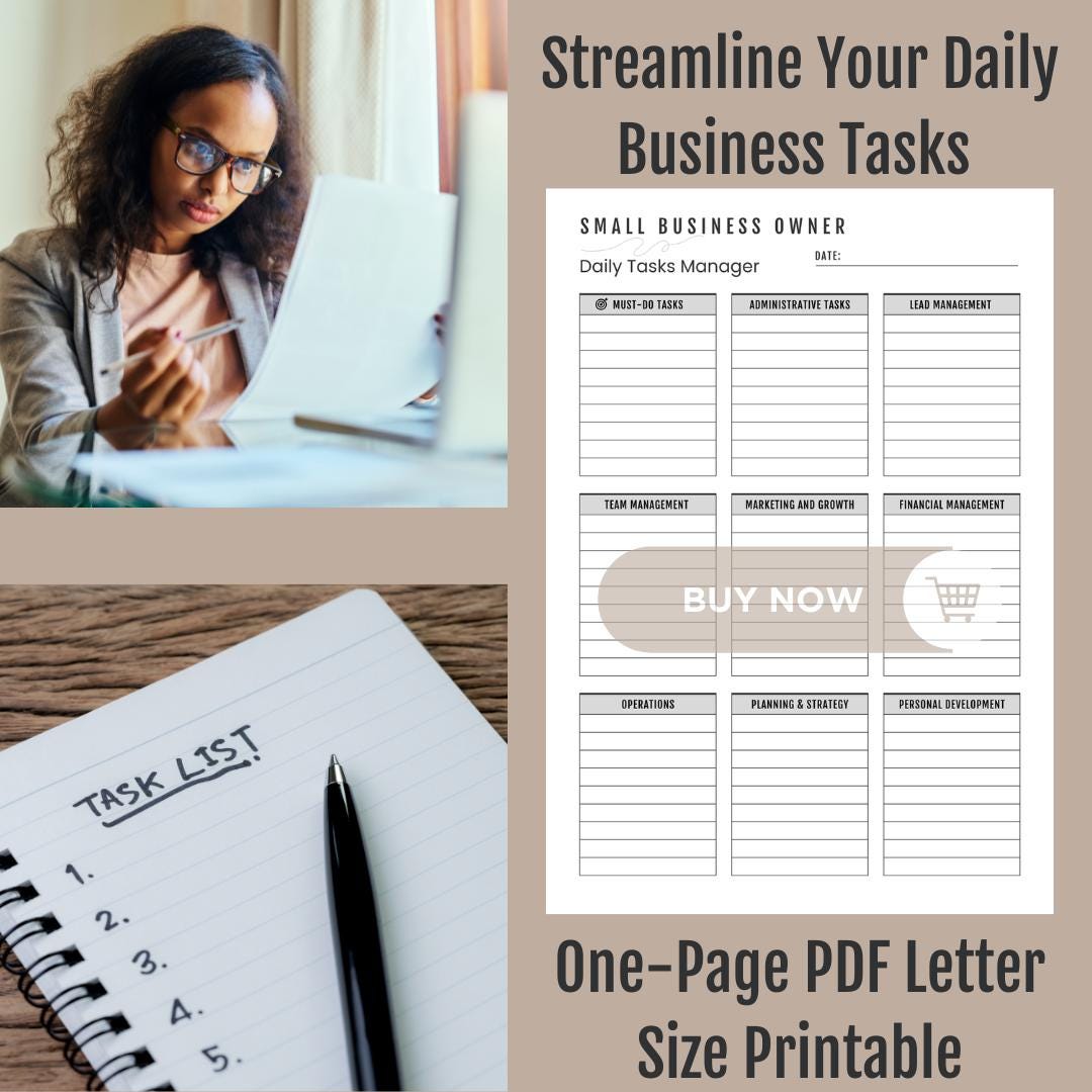 Small Business Owner Daily Tasks Manager – One-page PDF (digital ...
