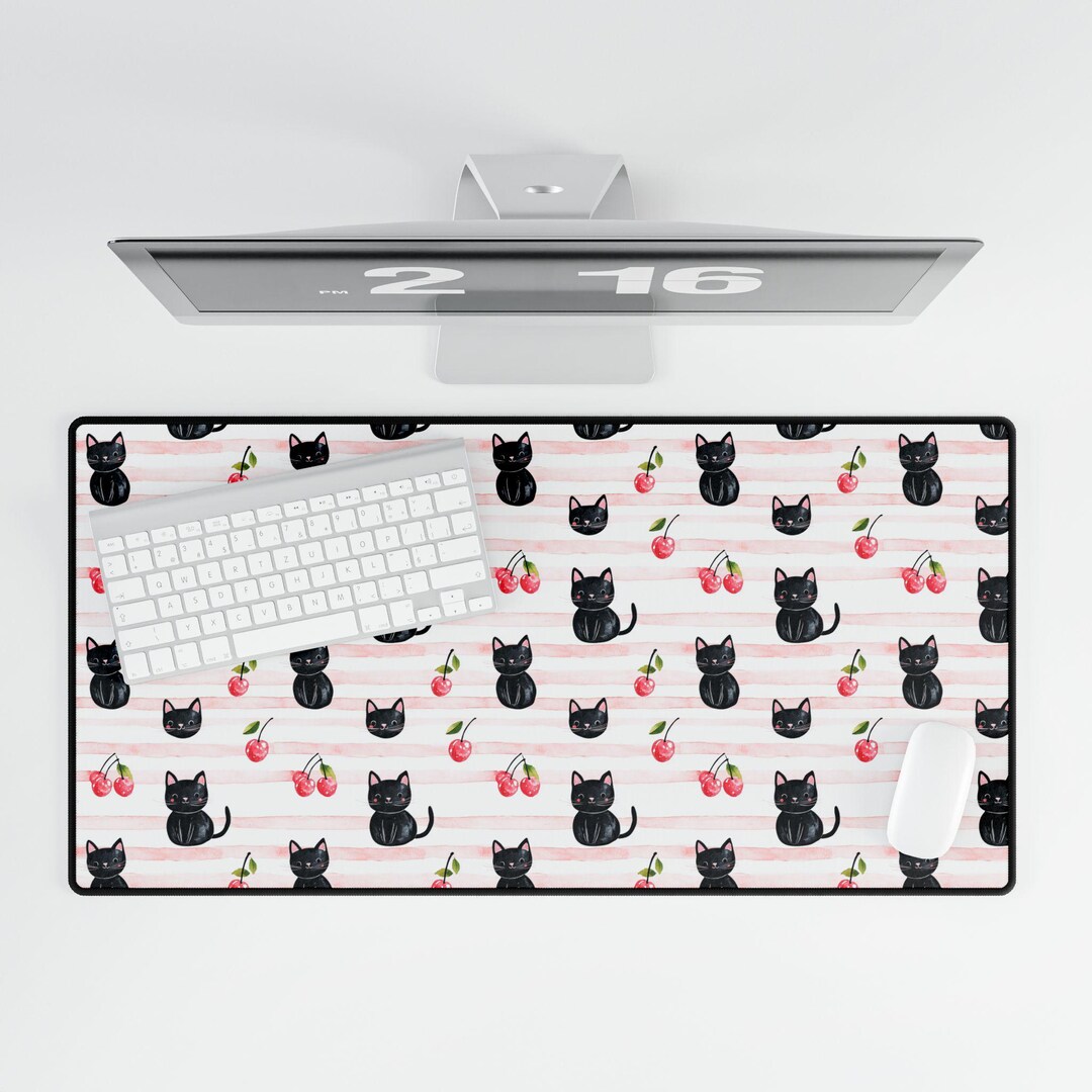 Cute Cat and Cherry Desk Pad, Adorable Pattern Extended Mouse Mat, Sizes for Playful Workspaces ...
